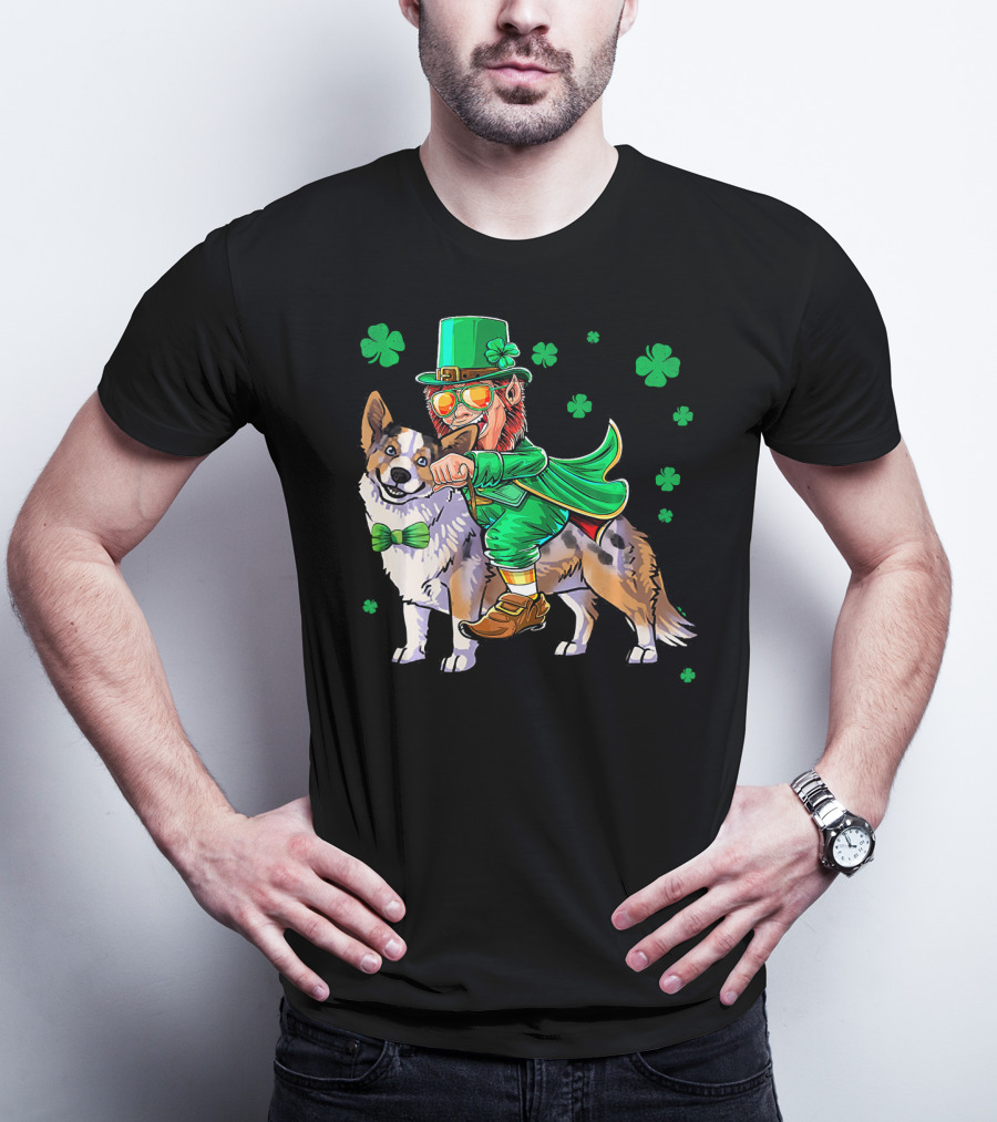 Leprechaun Riding Cardigan Welsh Corgi With Shamrocks T-Shirt