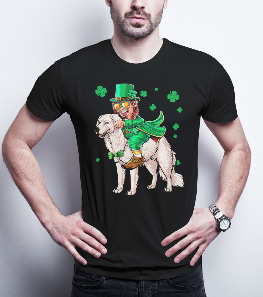 Leprechaun Riding Kuvasz Surrounded By Shamrocks For St. Patrick's Day T-Shirt