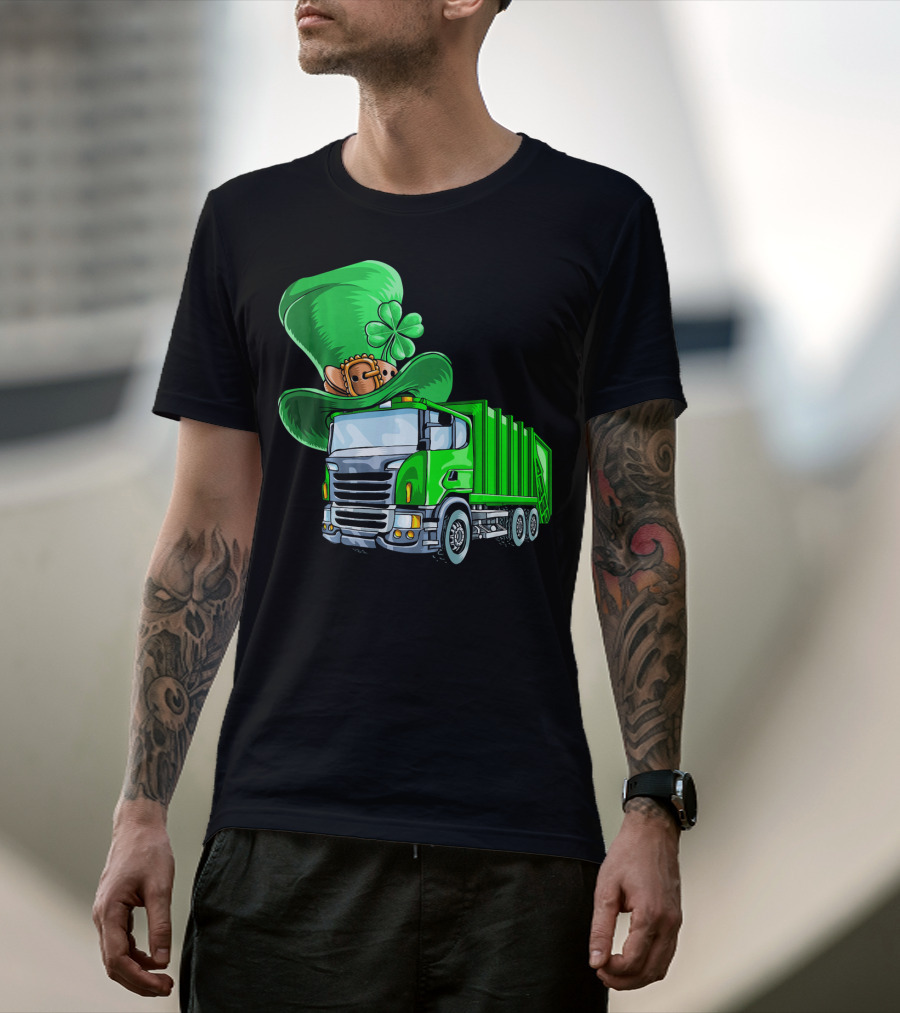 St Patricks Day Garbage Truck With Leprechaun Hat And Four-Leaf Clover T-Shirt