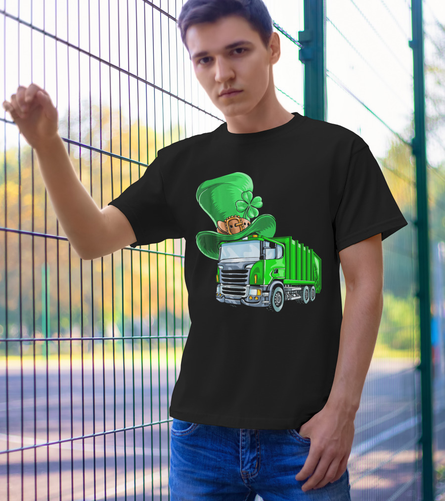 St Patricks Day Garbage Truck With Leprechaun Hat And Four-Leaf Clover T-Shirt
