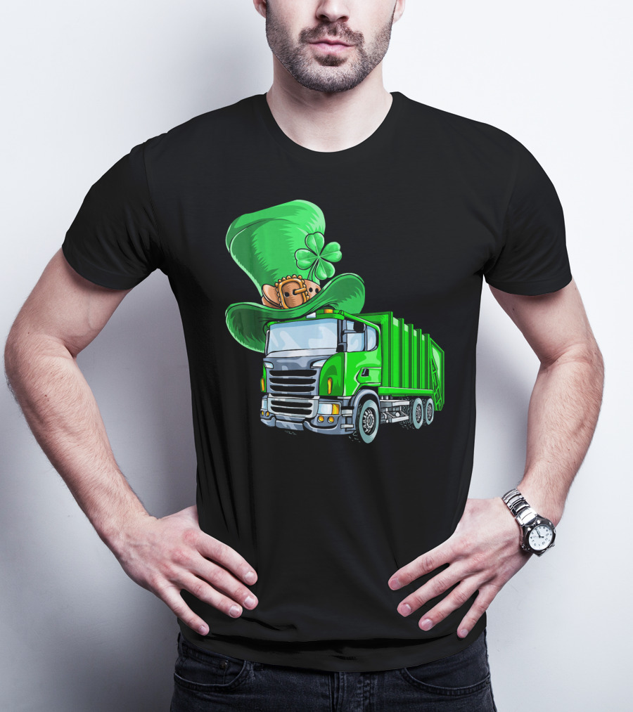 St Patricks Day Garbage Truck With Leprechaun Hat And Four-Leaf Clover T-Shirt