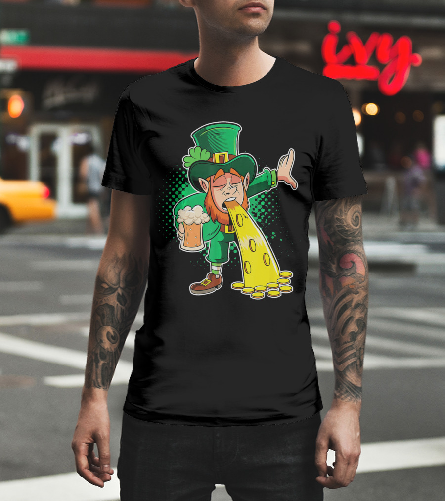 Drunk Leprechaun Puking Gold Coins And Beer Mug T-Shirt