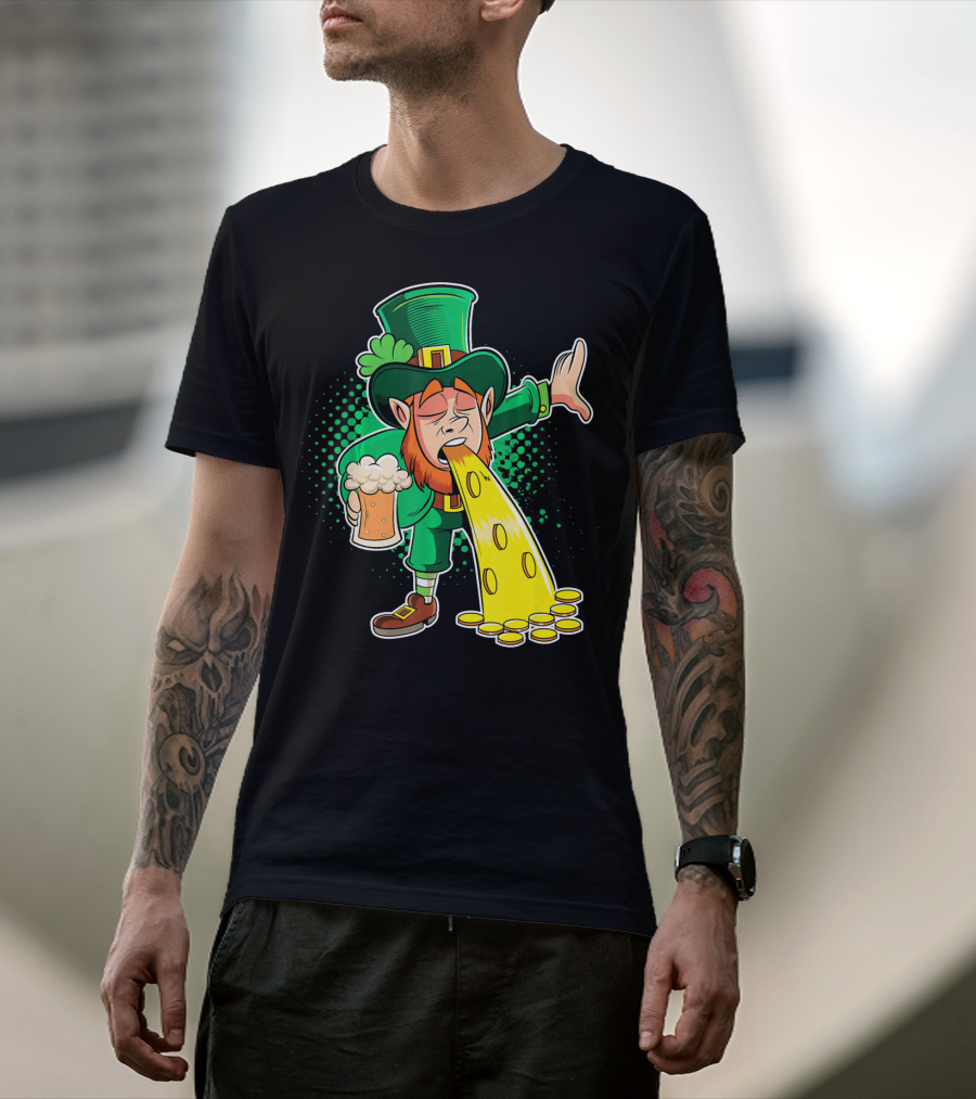 Drunk Leprechaun Puking Gold Coins And Beer Mug T-Shirt