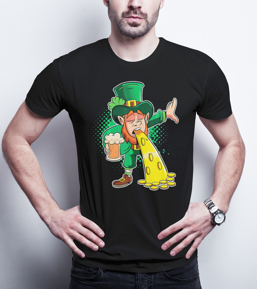 Drunk Leprechaun Puking Gold Coins And Beer Mug T-Shirt