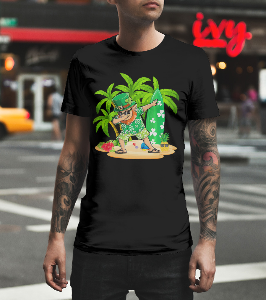 Leprechaun Dabbing On Tropical Beach With Surfboard And Hibiscus Flowers T-Shirt
