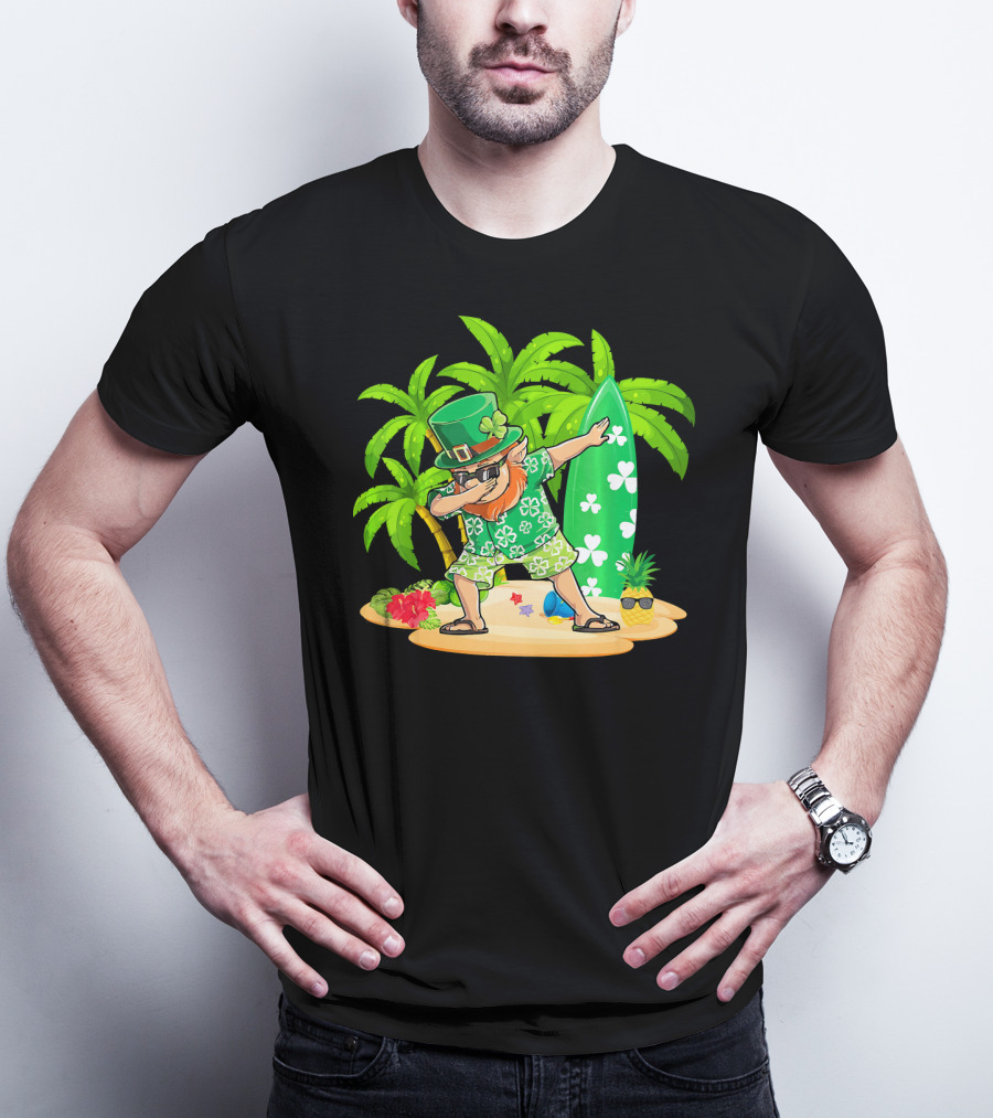 Leprechaun Dabbing On Tropical Beach With Surfboard And Hibiscus Flowers T-Shirt