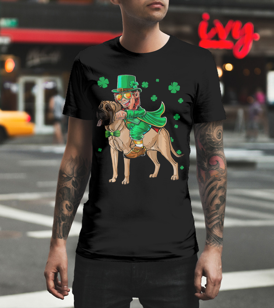 Leprechaun Riding English Mastiff With Shamrocks T-Shirt