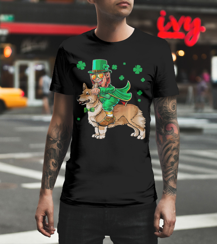 Leprechaun Riding Pembroke Welsh Corgi With Shamrocks T-Shirt