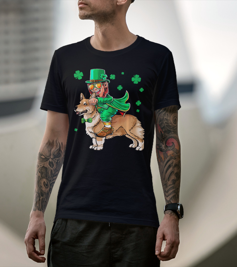 Leprechaun Riding Pembroke Welsh Corgi With Shamrocks T-Shirt