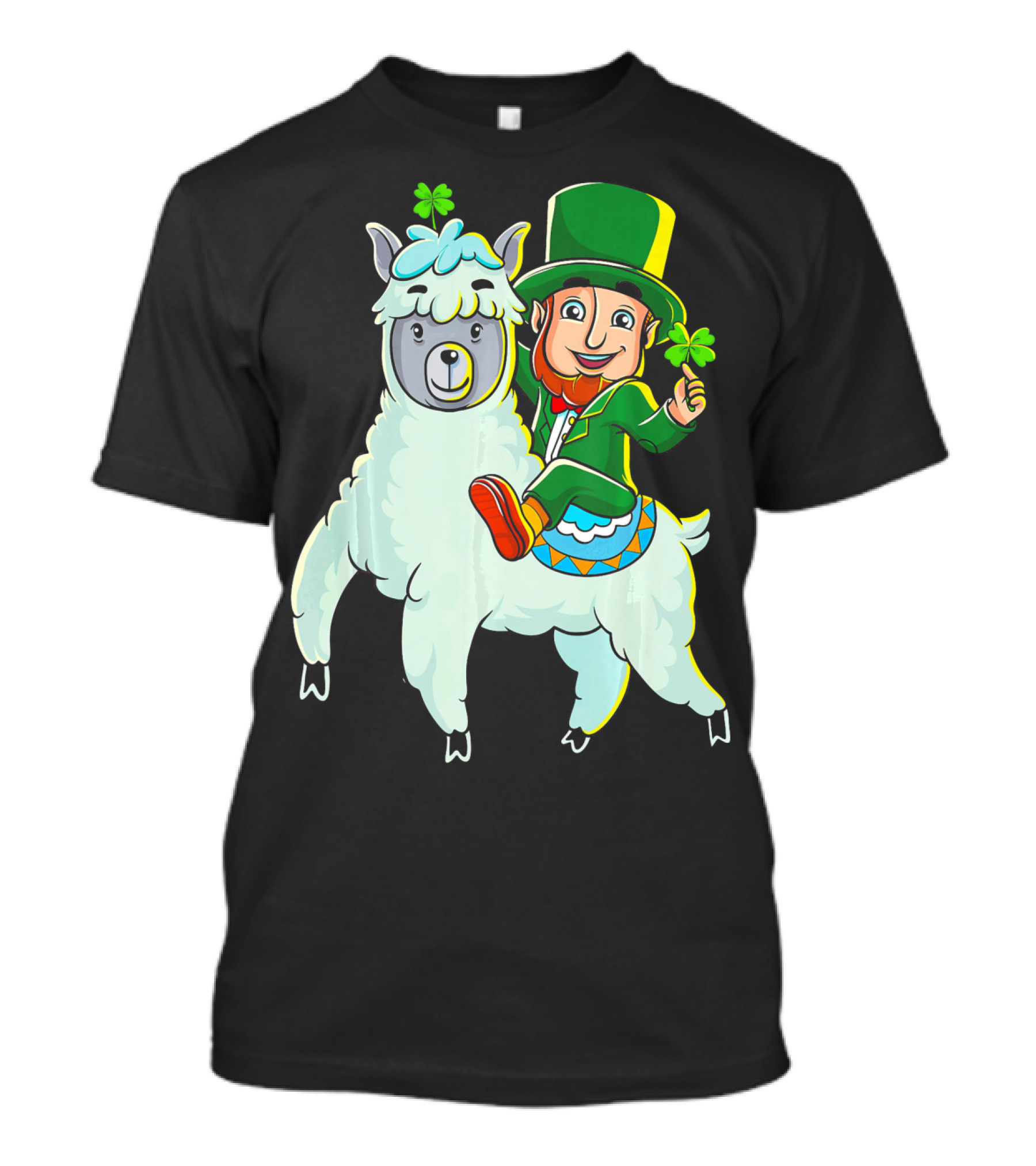 Leprechaun Riding Llama Clover Hat Green Suit Cartoon T-Shirt