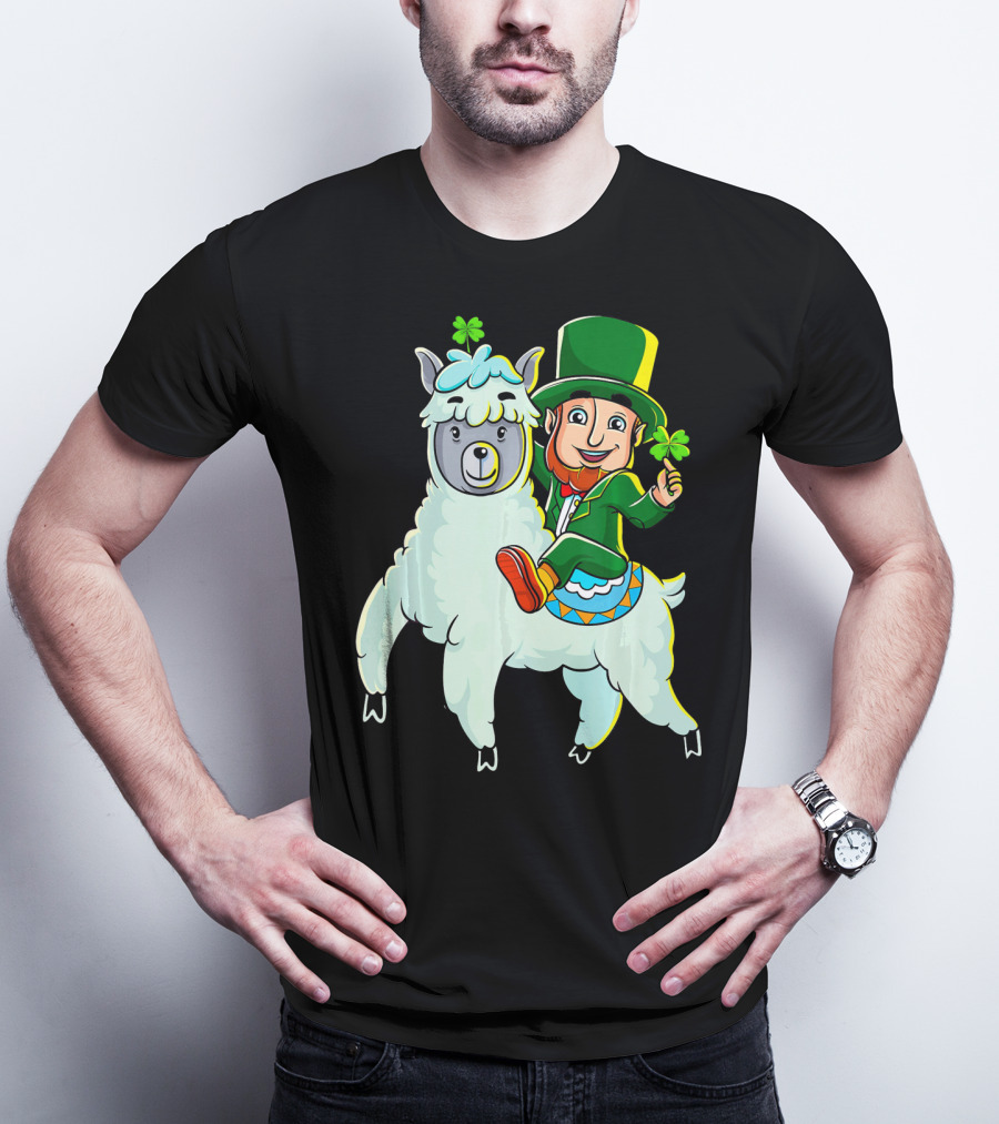 Leprechaun Riding Llama Clover Hat Green Suit Cartoon T-Shirt