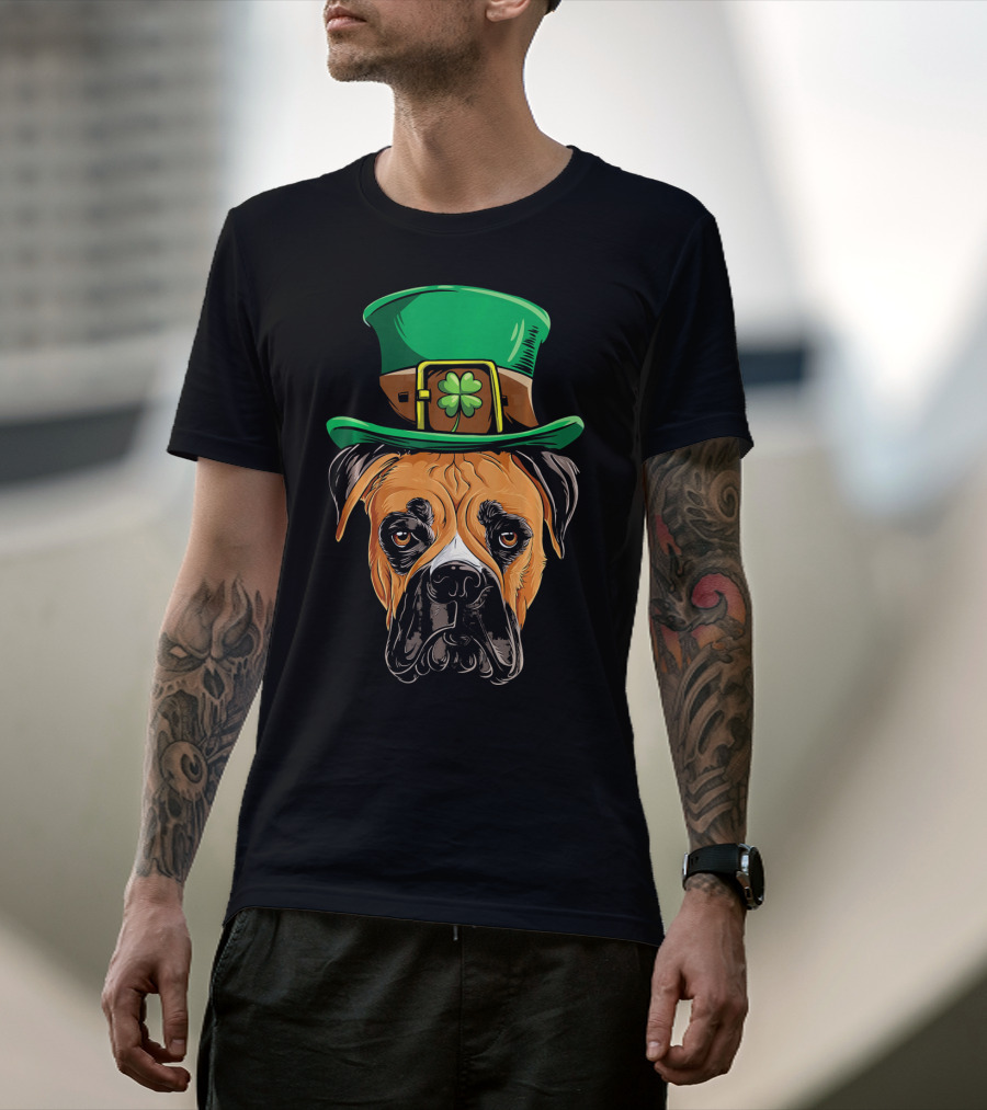 St. Patrick's Day Boxer Dog With Green Top Hat And Shamrock T-Shirt