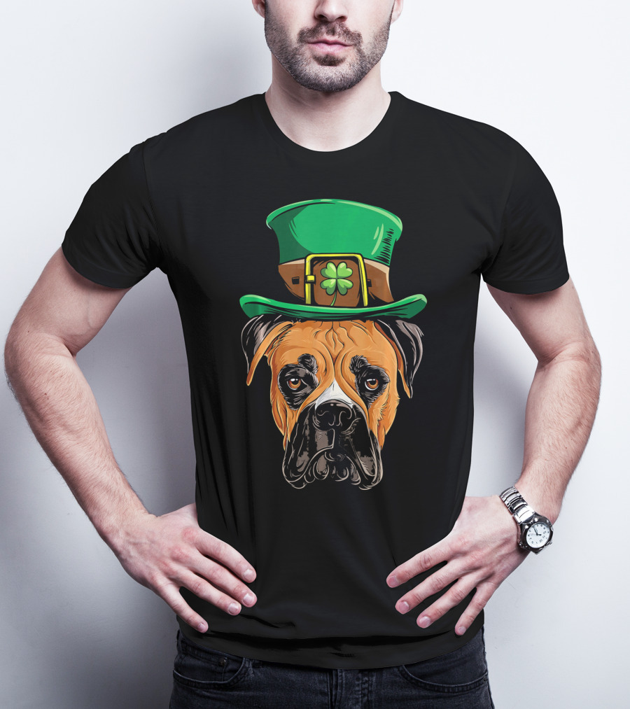 St. Patrick's Day Boxer Dog With Green Top Hat And Shamrock T-Shirt