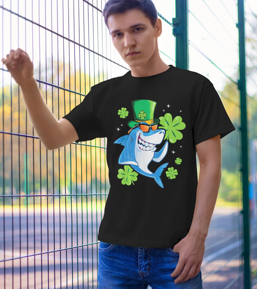 St Patricks Day Shamrock Paddy Shark Top Hat Dancing With Four-Leaf Clovers T-Shirt