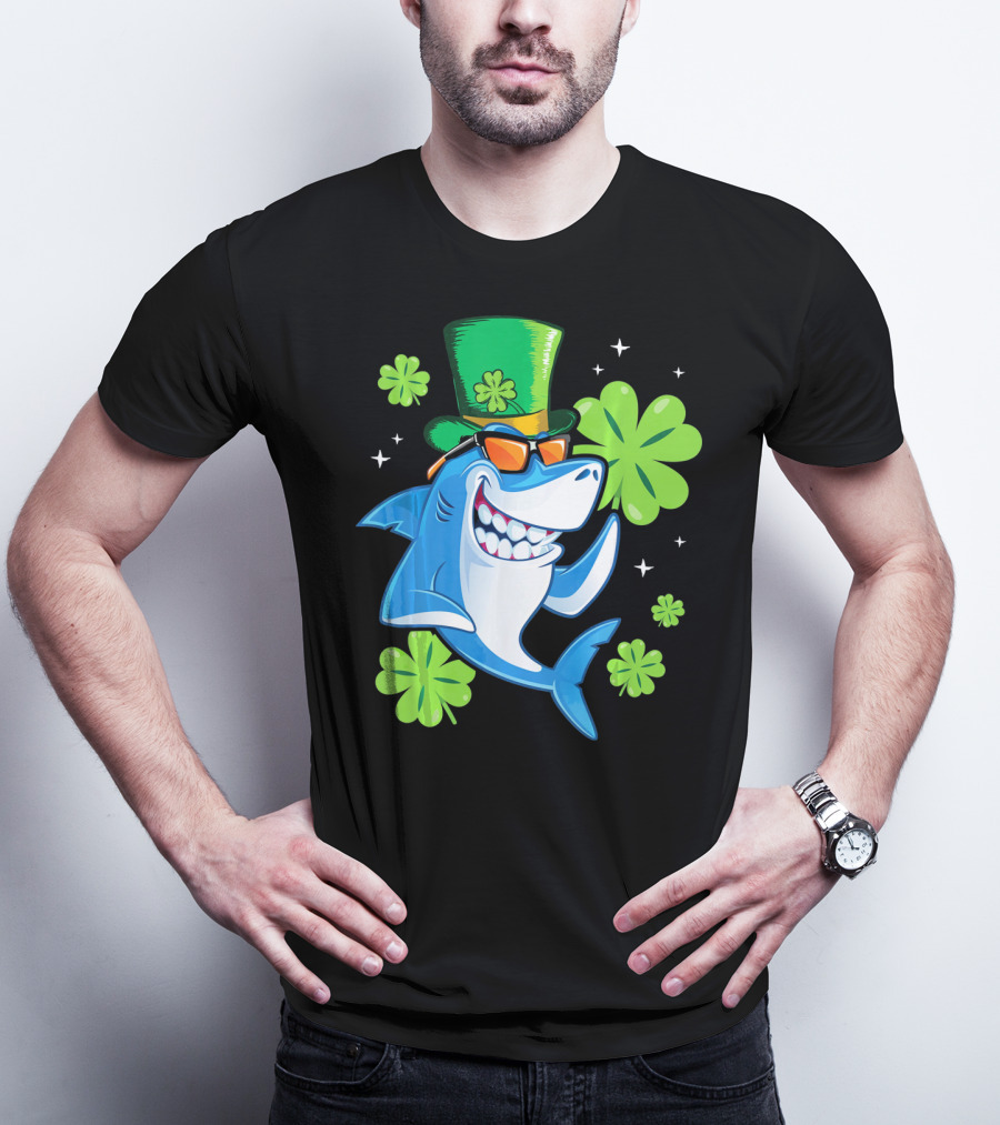 St Patricks Day Shamrock Paddy Shark Top Hat Dancing With Four-Leaf Clovers T-Shirt