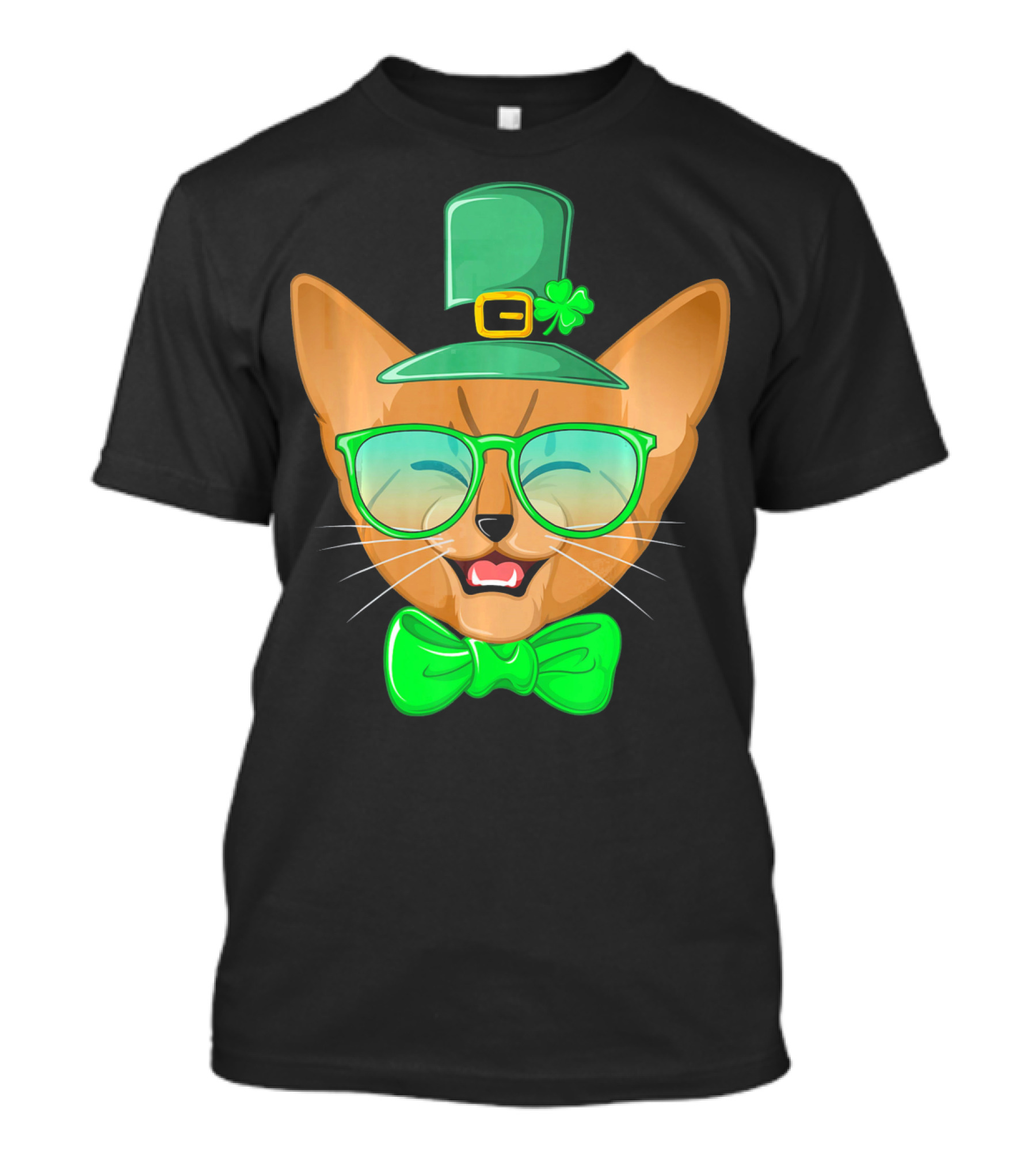 St. Patricks Day Cat Kitty Leprec Leprechaun Hat Green Glasses Bowtie Shamrock T-Shirt