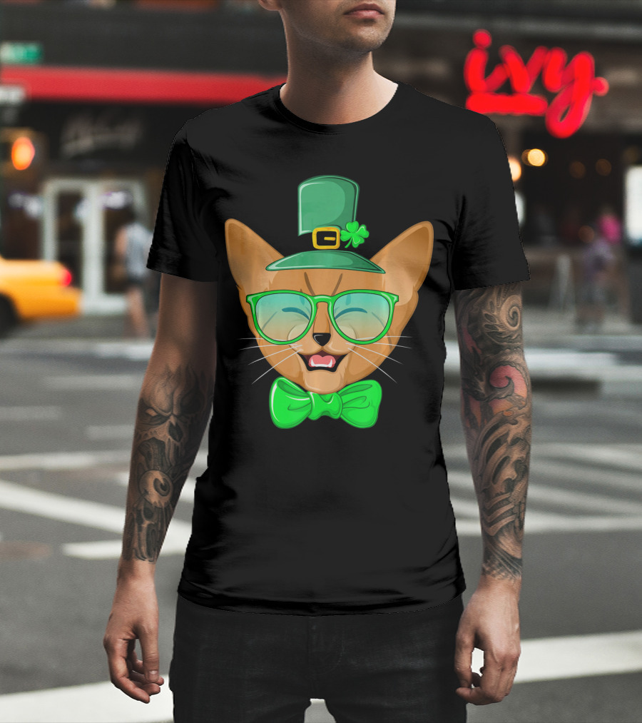 St. Patricks Day Cat Kitty Leprec Leprechaun Hat Green Glasses Bowtie Shamrock T-Shirt