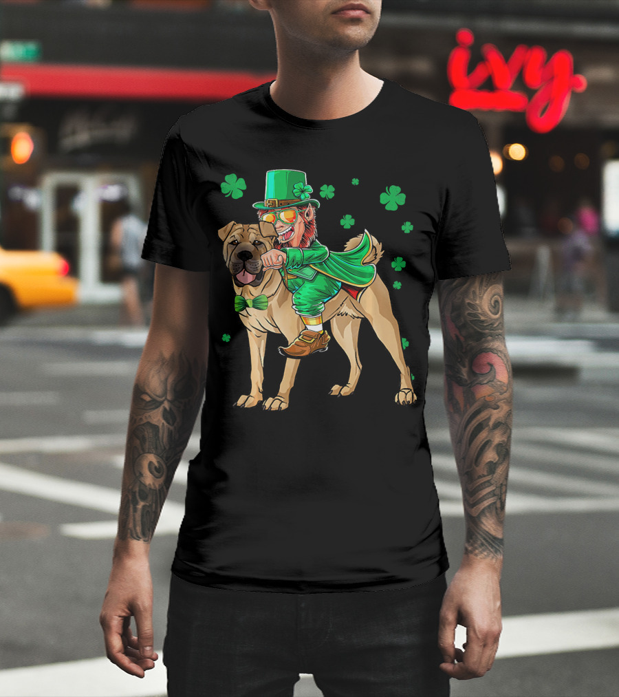Leprechaun Riding Chinese Shar Pei With Shamrock Bowtie And Hat T-Shirt