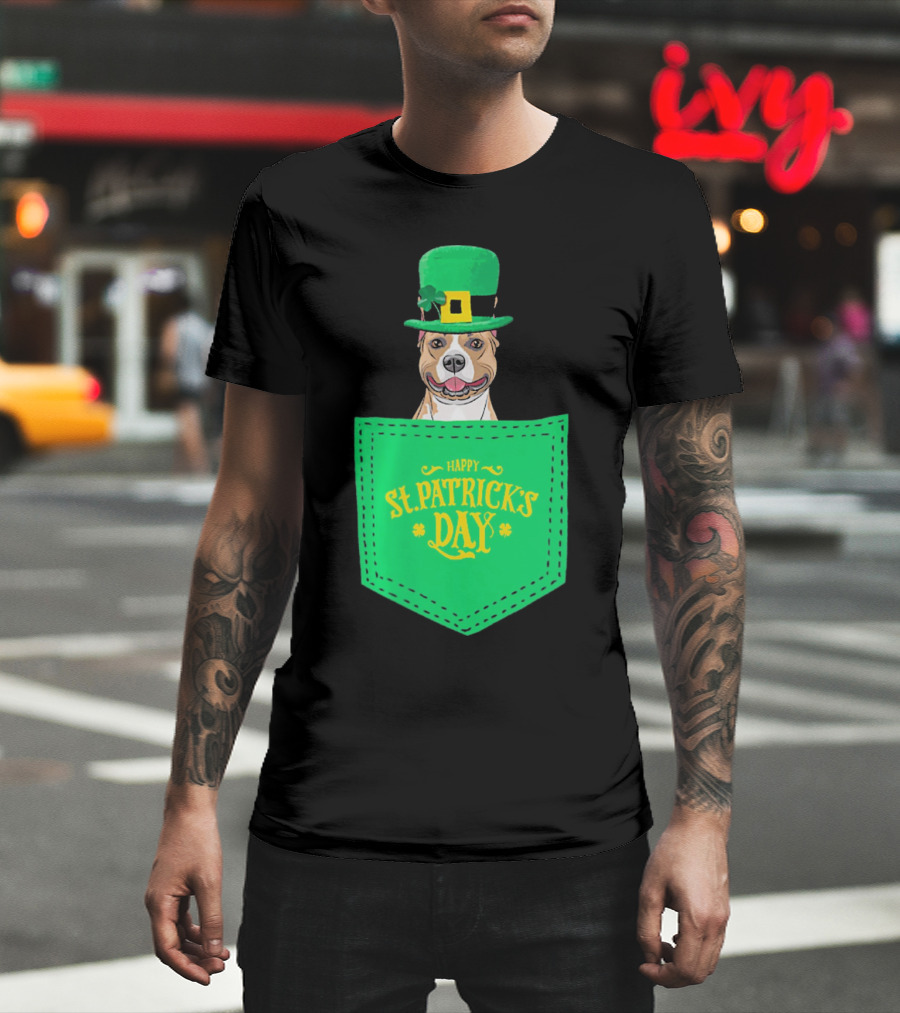 Happy St. Patrick's Day Pitbull Dog In Pocket T-Shirt