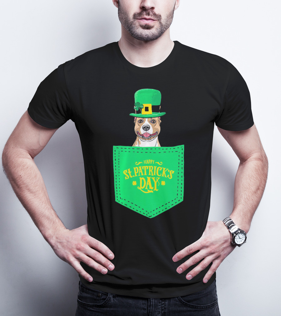 Happy St. Patrick's Day Pitbull Dog In Pocket T-Shirt