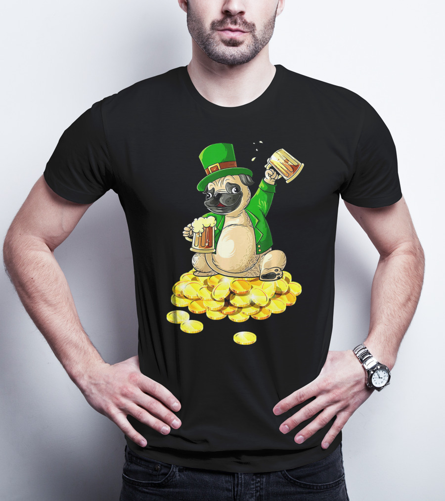 Irish Pug St. Patrick's Day Beer Cheers On Gold Coins T-Shirt