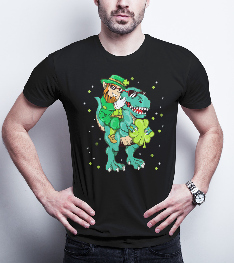 Irish Leprechaun Riding Dinosaur With Clover And Sunglasses T-Shirt