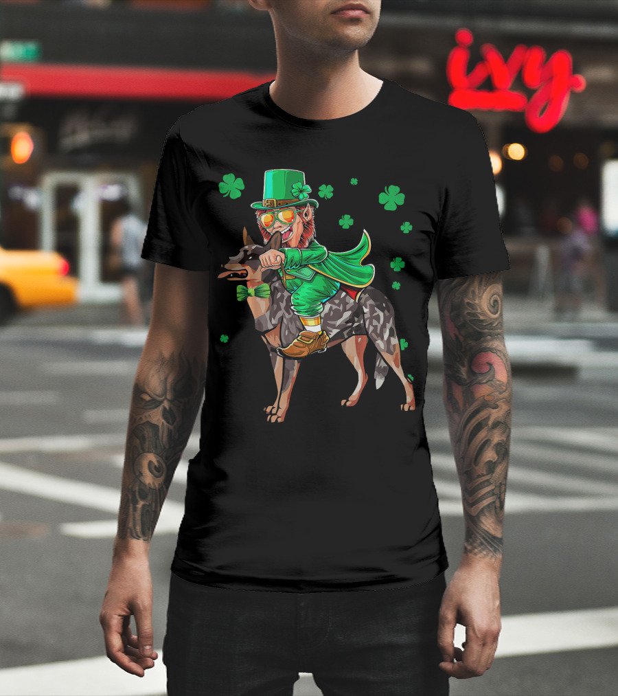 Leprechaun Riding Australian Cattle Dog With Shamrocks T-Shirt