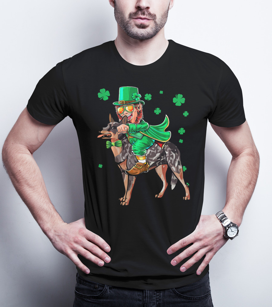 Leprechaun Riding Australian Cattle Dog With Shamrocks T-Shirt