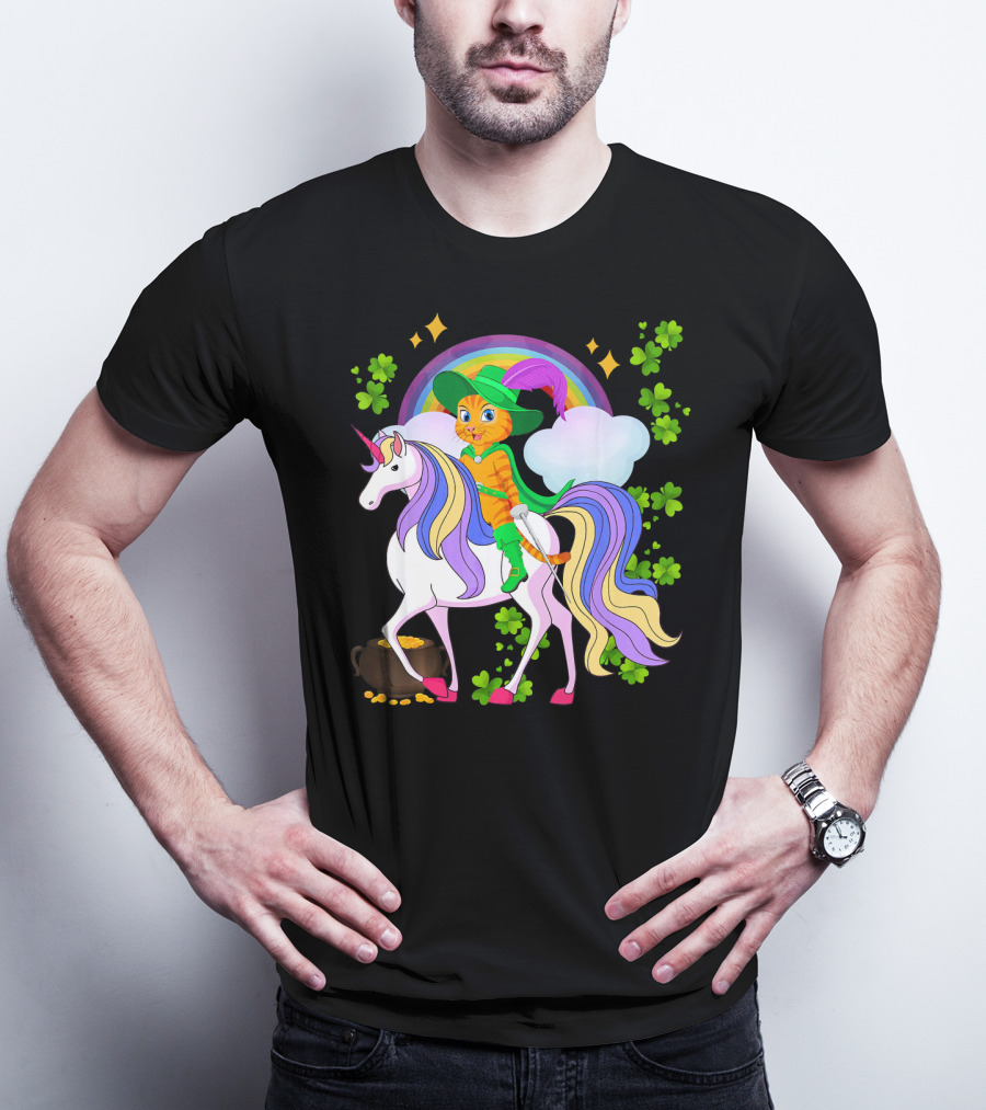 Leprechaun Cat Riding Unicorn With Rainbow And Shamrocks St Patrick Pot Of Gold T-Shirt