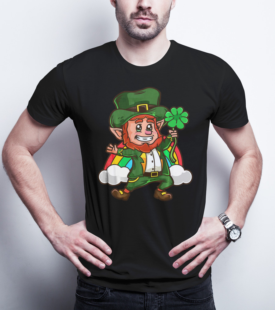 St Patricks Happy Leprechaun Holding Shamrock With Rainbow And Clouds T-Shirt