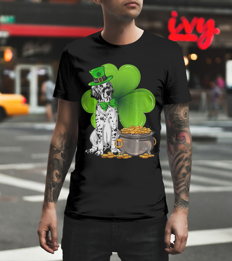 English Setter St Patricks Day Leprechaun Dog With Clover And Pot Of Gold T-Shirt