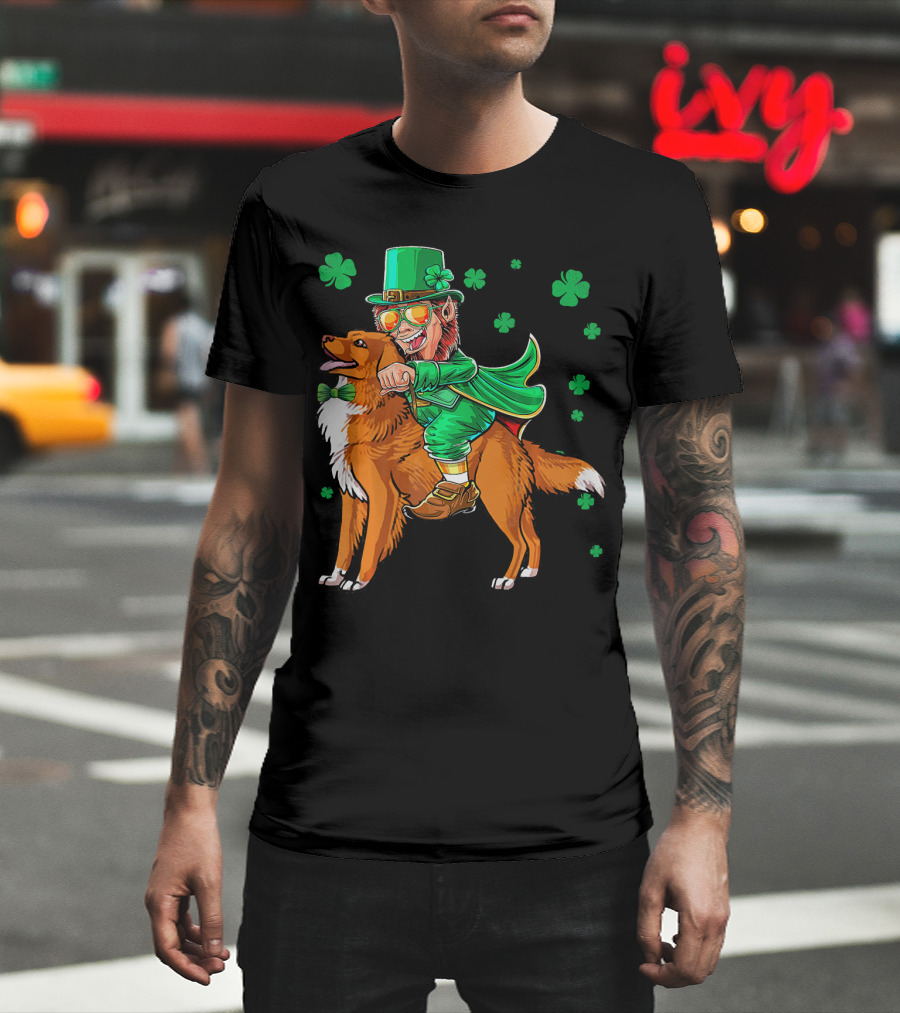 Leprechaun Riding Nova Scotia Duck Tolling Retriever With Shamrocks T-Shirt