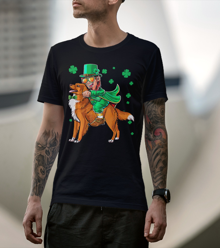 Leprechaun Riding Nova Scotia Duck Tolling Retriever With Shamrocks T-Shirt