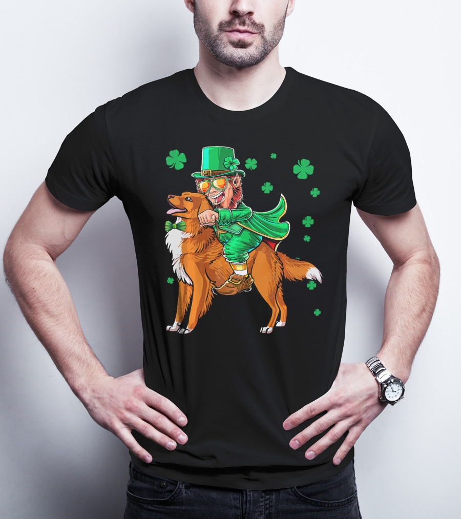 Leprechaun Riding Nova Scotia Duck Tolling Retriever With Shamrocks T-Shirt