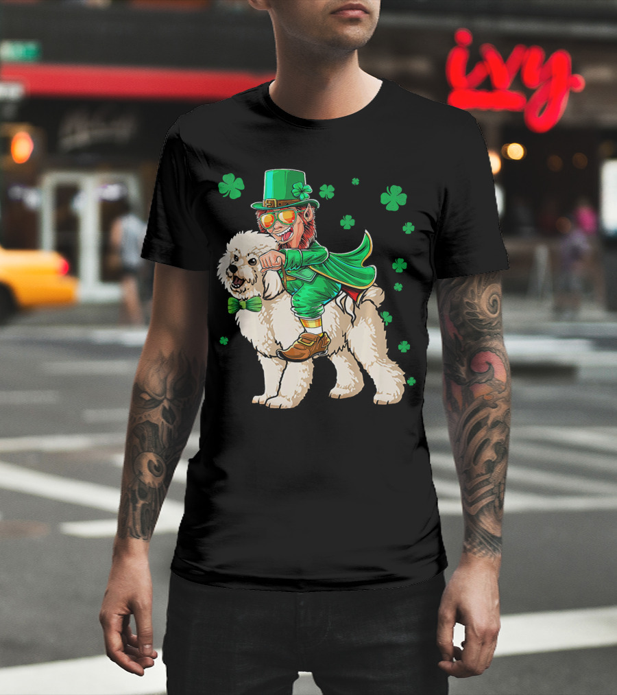 Leprechaun Riding Bichon Frise With Shamrock St. Pat's Day Charm T-Shirt