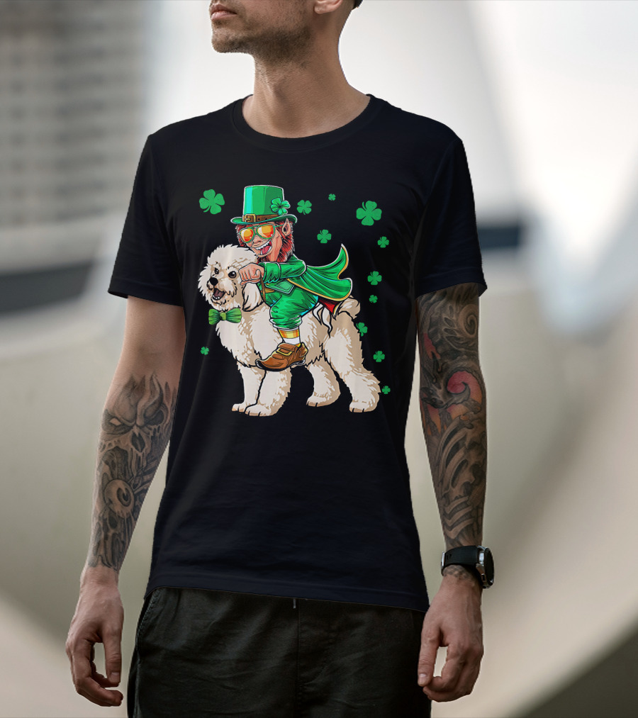 Leprechaun Riding Bichon Frise With Shamrock St. Pat's Day Charm T-Shirt