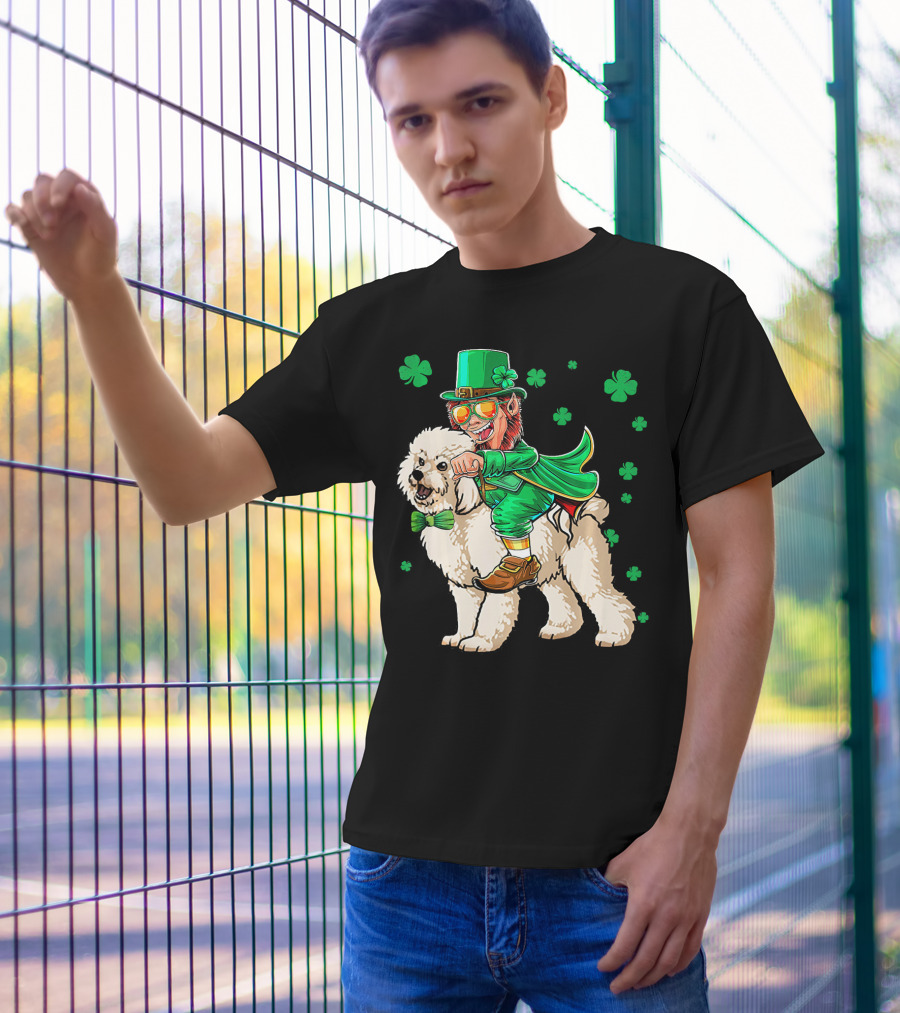 Leprechaun Riding Bichon Frise With Shamrock St. Pat's Day Charm T-Shirt