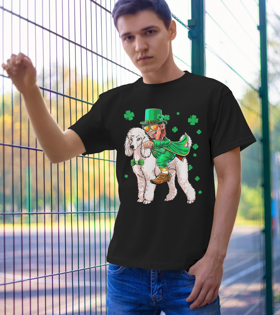Leprechaun Riding Poodle With Shamrocks St. Patrick's Day T-Shirt