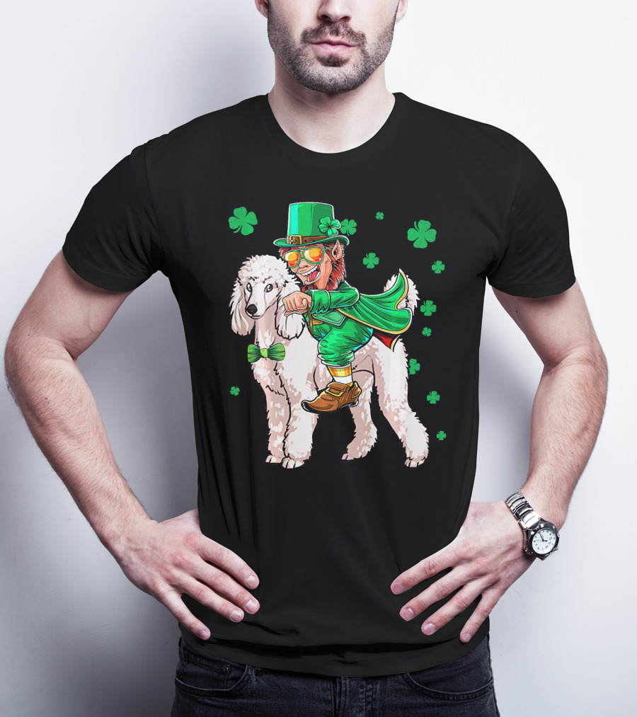 Leprechaun Riding Poodle With Shamrocks St. Patrick's Day T-Shirt