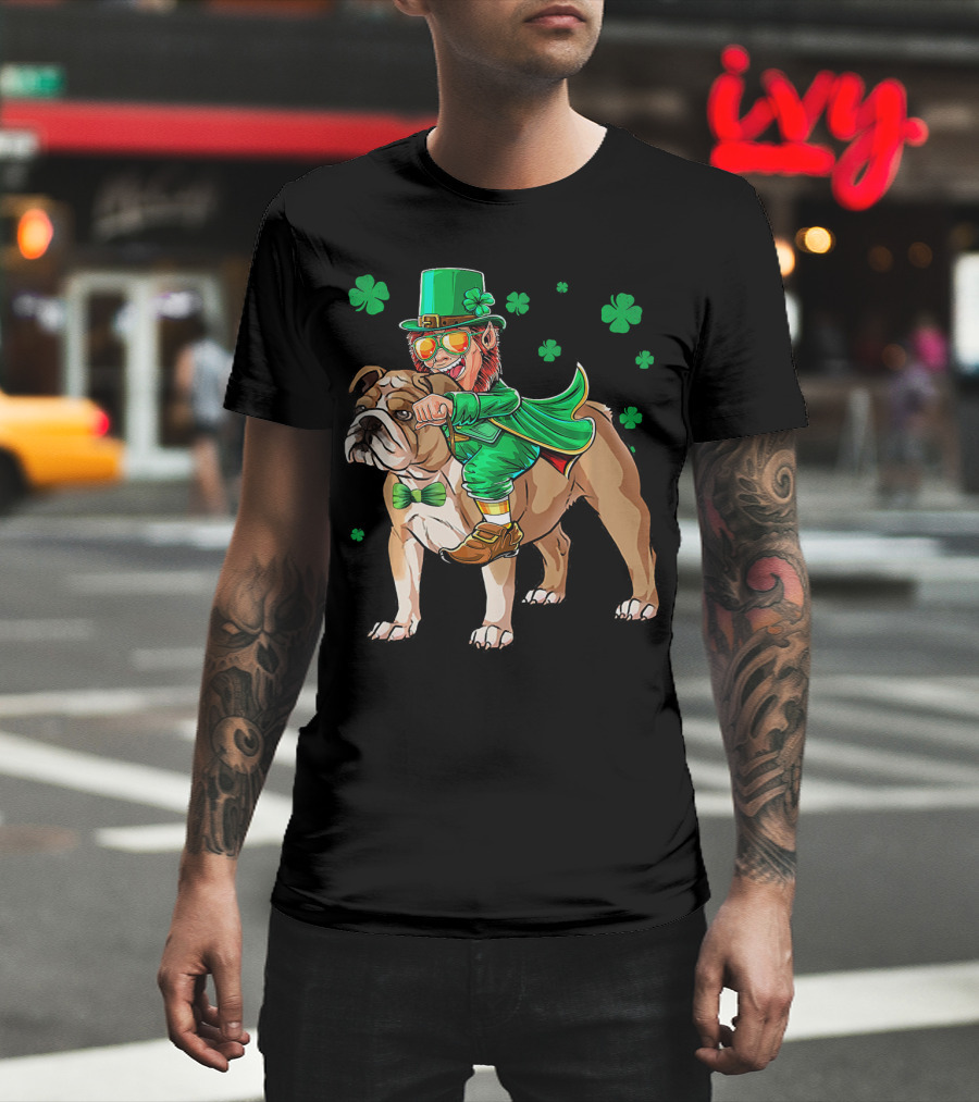 Leprechaun Riding English Bulldog With Shamrocks T-Shirt