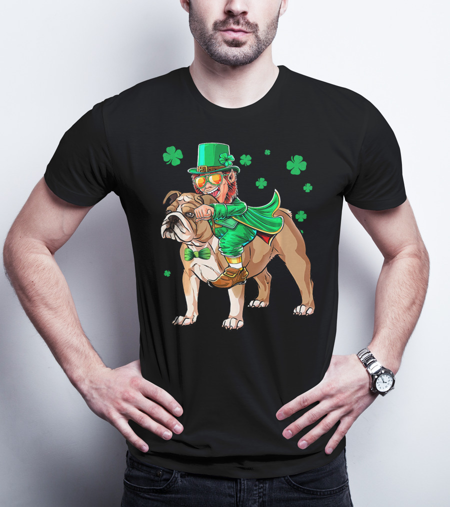 Leprechaun Riding English Bulldog With Shamrocks T-Shirt