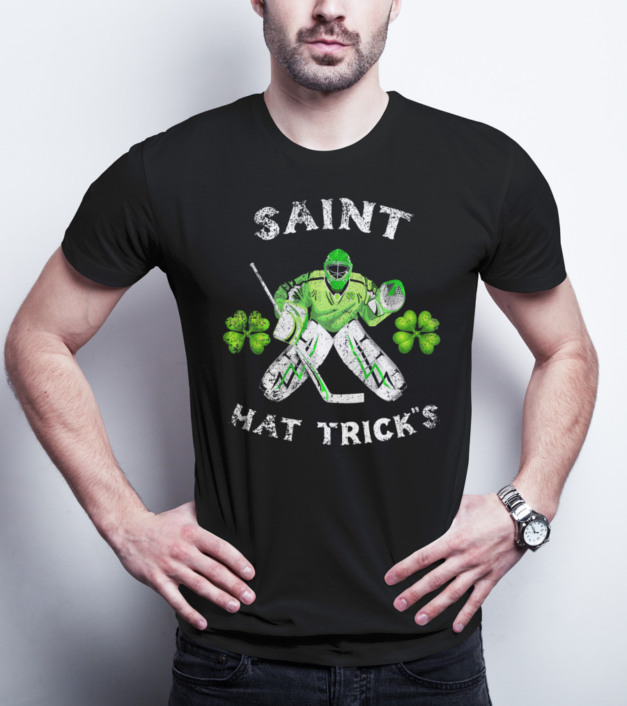 Saint Hat Trick's Hockey Goalie With Shamrocks Irish T-Shirt