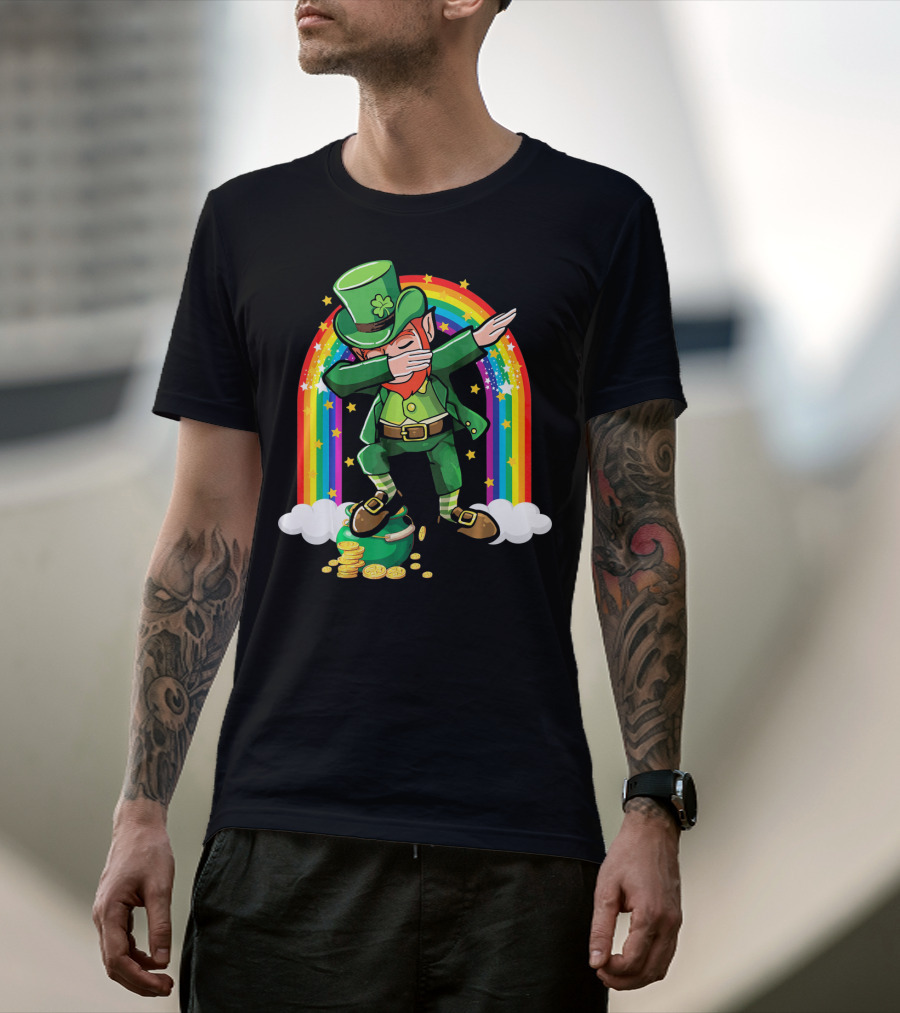 St Patricks Day Leprechaun Dabbing With Rainbow And Gold Coins T-Shirt