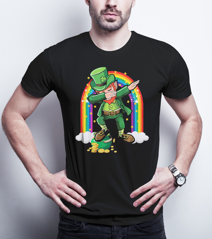 St Patricks Day Leprechaun Dabbing With Rainbow And Gold Coins T-Shirt