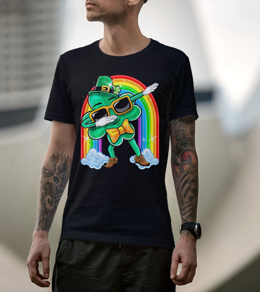Dabbing St. Patricks Day Shamrock Leprechaun With Rainbow T-Shirt