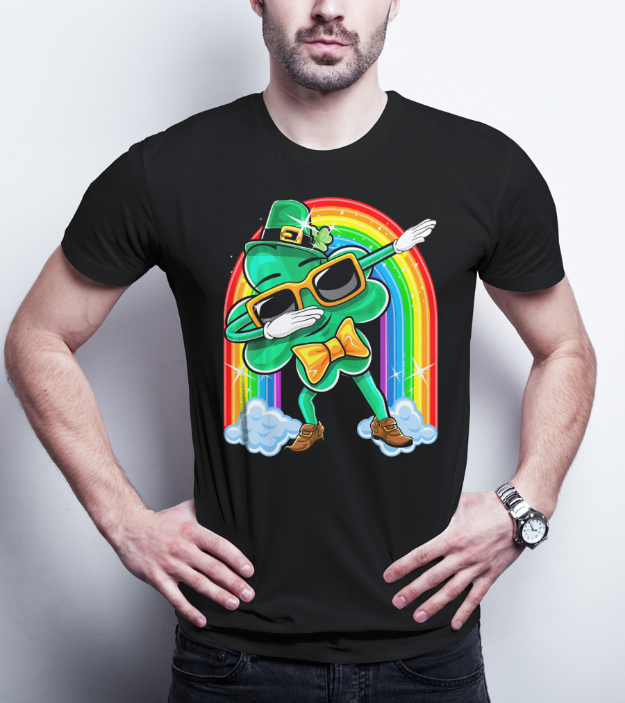 Dabbing St. Patricks Day Shamrock Leprechaun With Rainbow T-Shirt