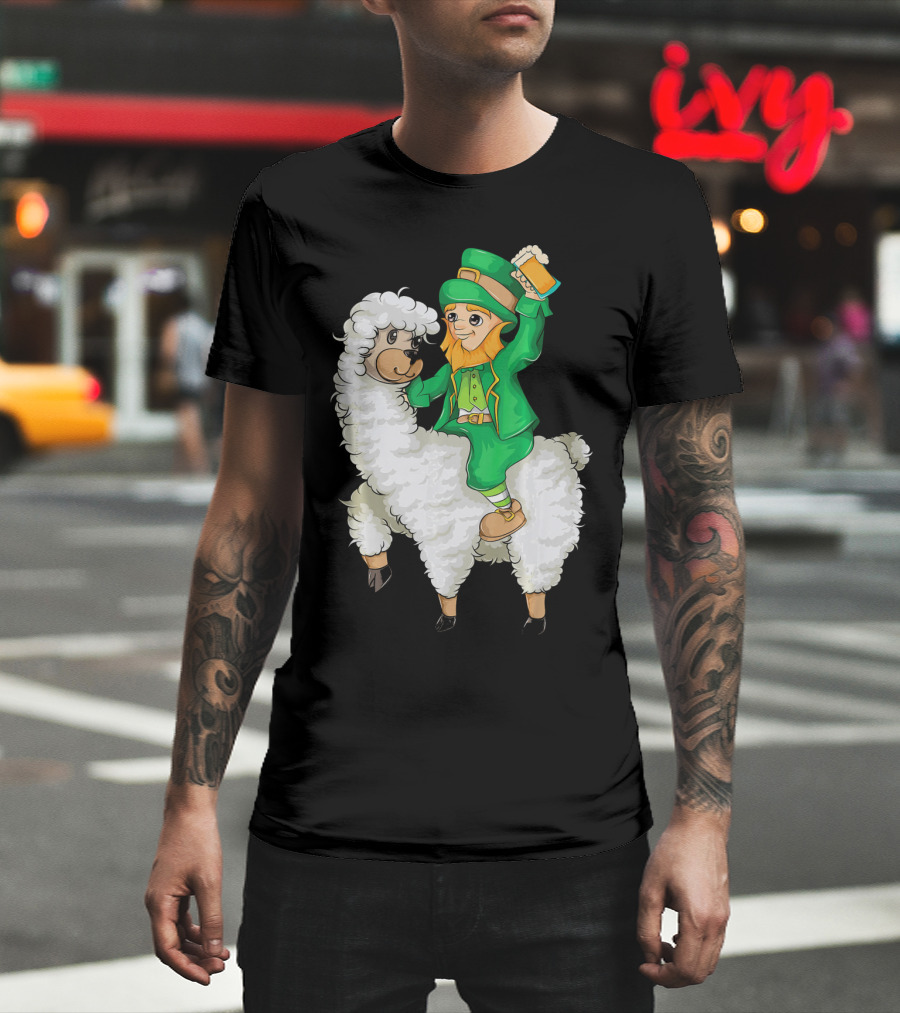 Leprechaun In Green Suit Riding White Fluffy Llama With Beer On St. Patrick's Day T-Shirt