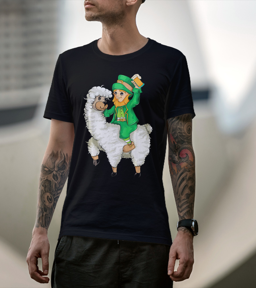 Leprechaun In Green Suit Riding White Fluffy Llama With Beer On St. Patrick's Day T-Shirt
