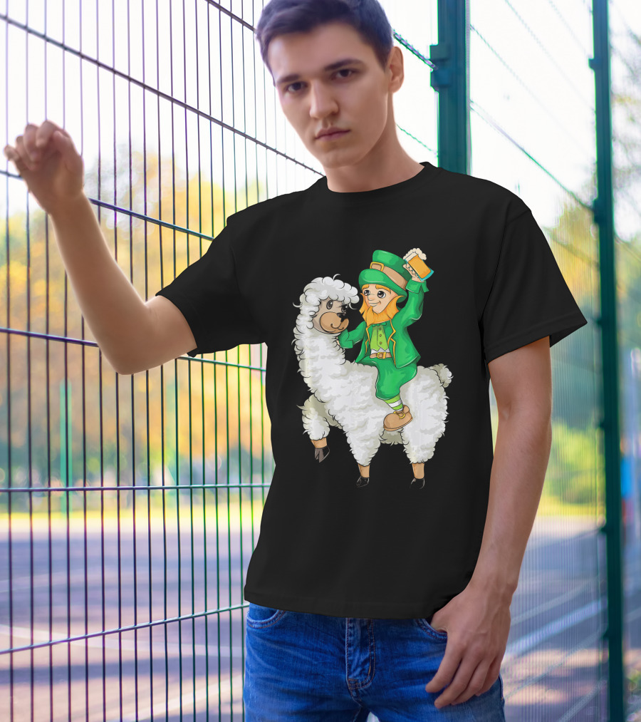 Leprechaun In Green Suit Riding White Fluffy Llama With Beer On St. Patrick's Day T-Shirt