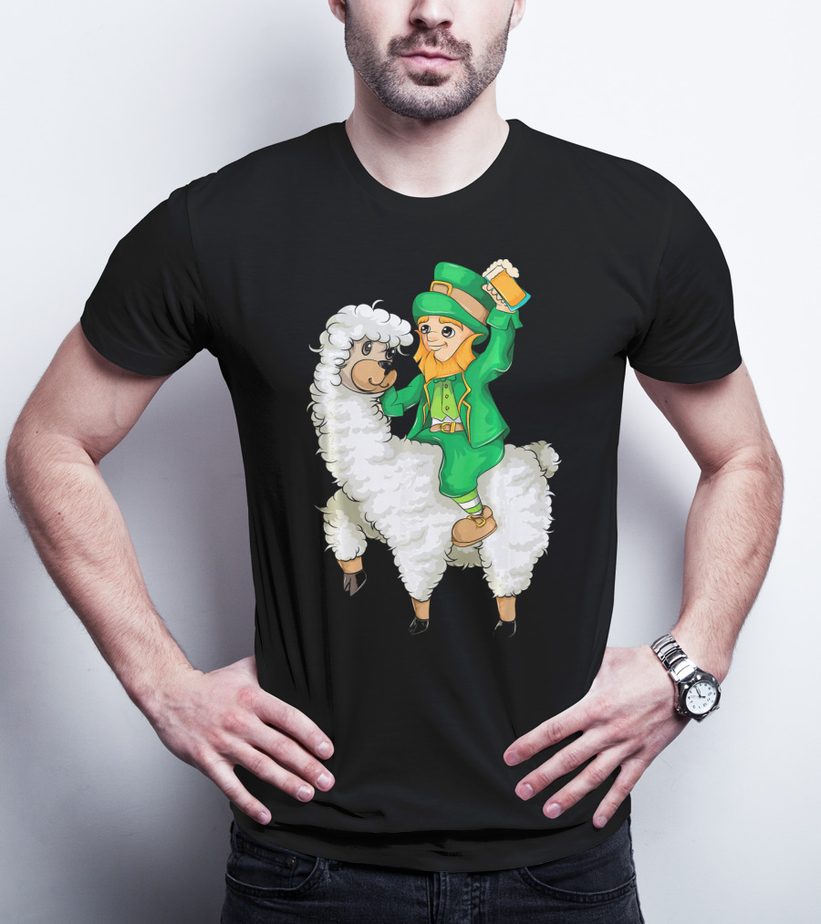 Leprechaun In Green Suit Riding White Fluffy Llama With Beer On St. Patrick's Day T-Shirt